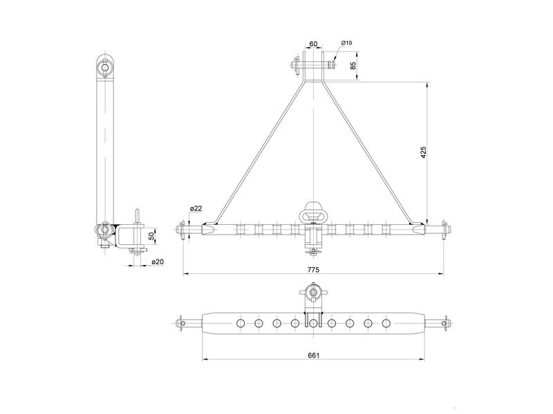 Drawbar Hitch System (Cat. 1 (Ø22mm)) No. holes: 9, 775mm.