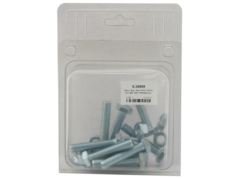 Metric Bolt, M10x50mm (DIN 960, DIN 934) 10 pcs. Agripak