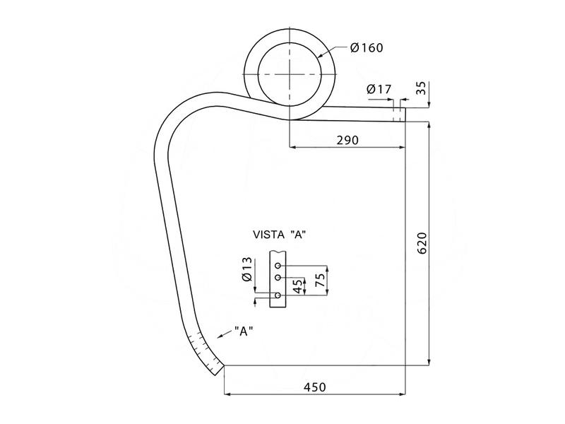 Pigtail tine - 35x35x620 LH (High Clearance)