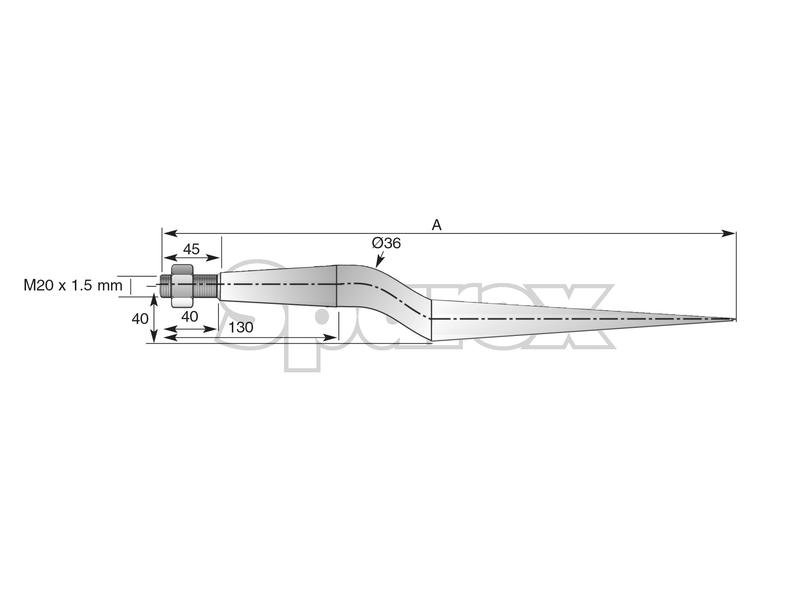 Loader Tine - Cranked 820mm, Thread size: M20 x 1.50 (Square)