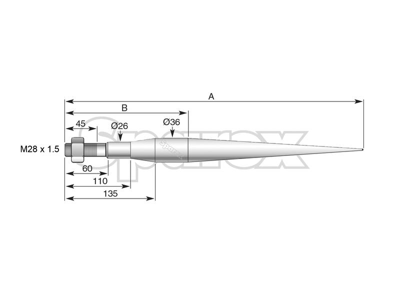 Loader Tine - Straight 810mm, Thread size: M28 x 1.50 (Square)