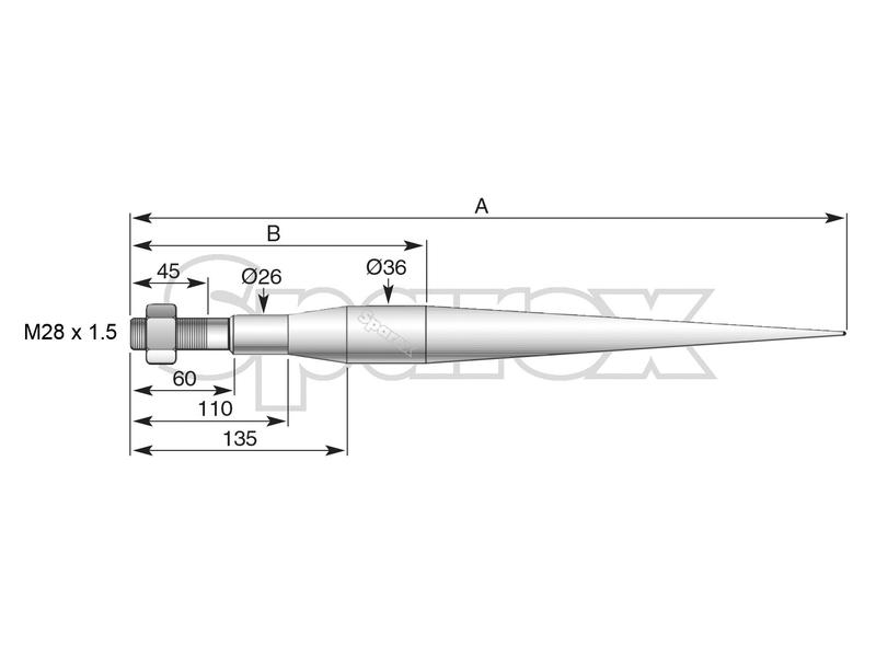 Loader Tine - Straight 980mm, Thread size: M28 x 1.50 (Square)