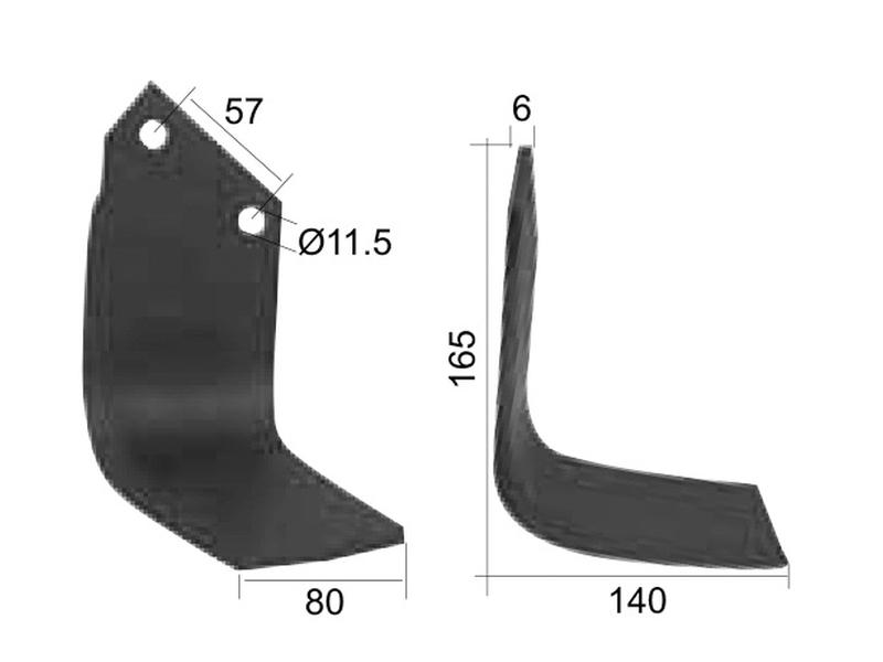 Rotavator Blade Square Type Blades RH 80x6mm Height: 165mm. Hole ...