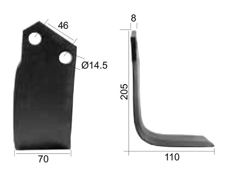 Rotavator Blade Square Type Blades RH 70x8mm Height: 205mm. Hole ...