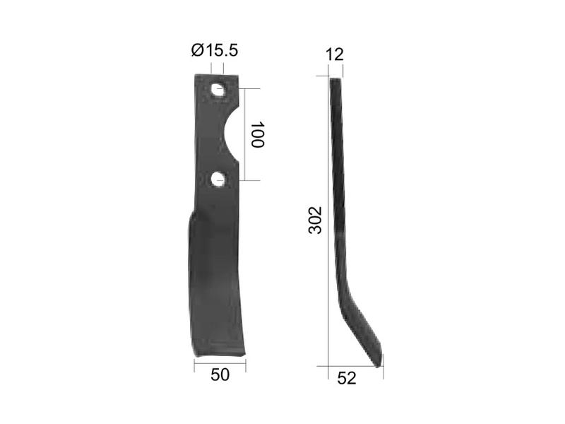 Rotavator Blade Curved RH 50x12mm Height: 302mm. Hole centres: 100mm ...