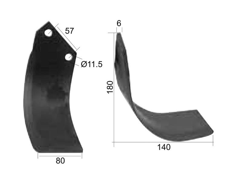 Rotavator Blade Curved RH 80x6mm Height: 180mm. Hole centres: 57mm ...