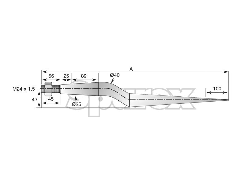 Loader Tine - Cranked 980mm, Thread size: M24 x 1.50 (Square)